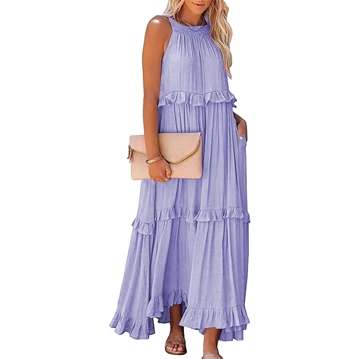 2024 Ruffled Pleated Dress Flowy Long Sundress Sleeveless Boho Beach P ...